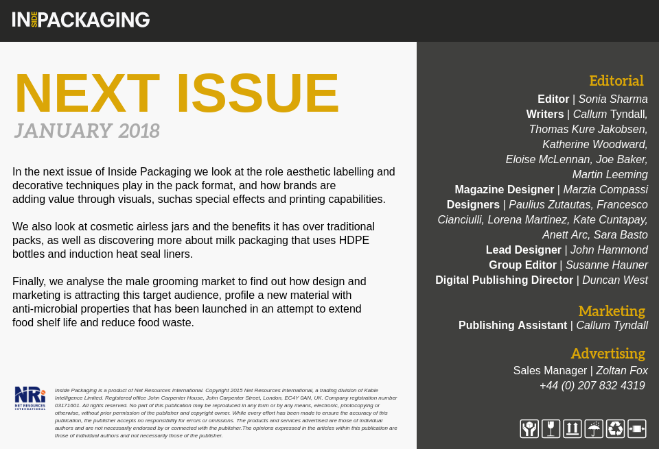 Next Issue - Inside Packaging | Issue 37 | November 2017